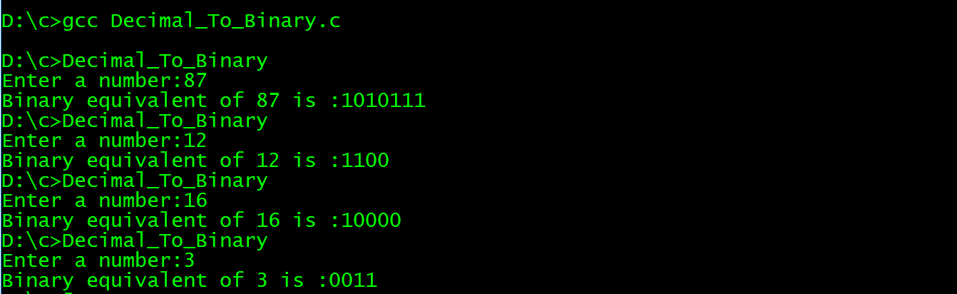 C Program to convert Decimal number To Binary number.