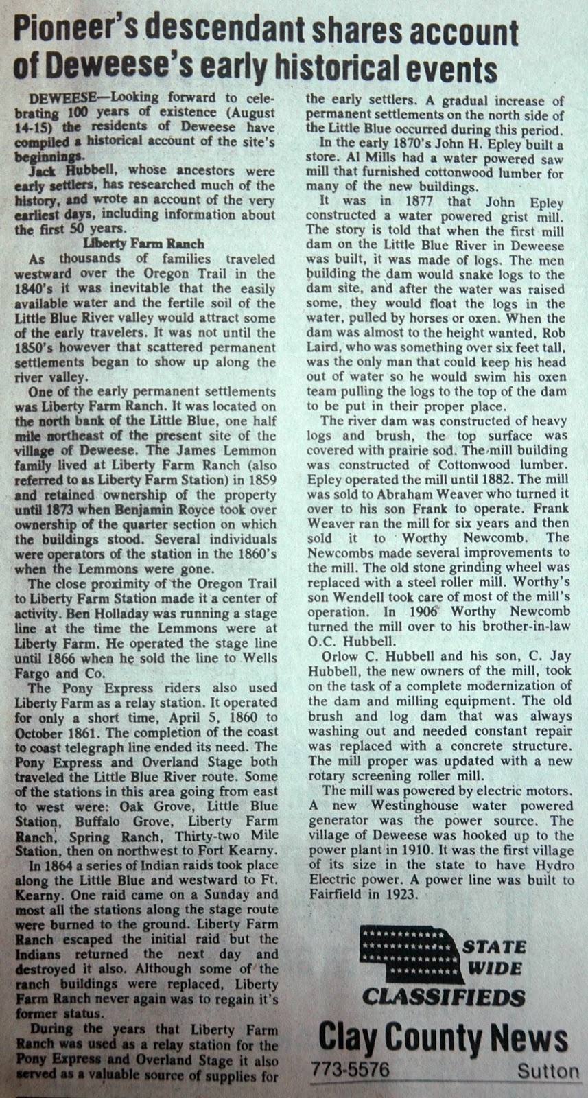 Sutton Nebraska Museum: 1986 article on Deweese centennial