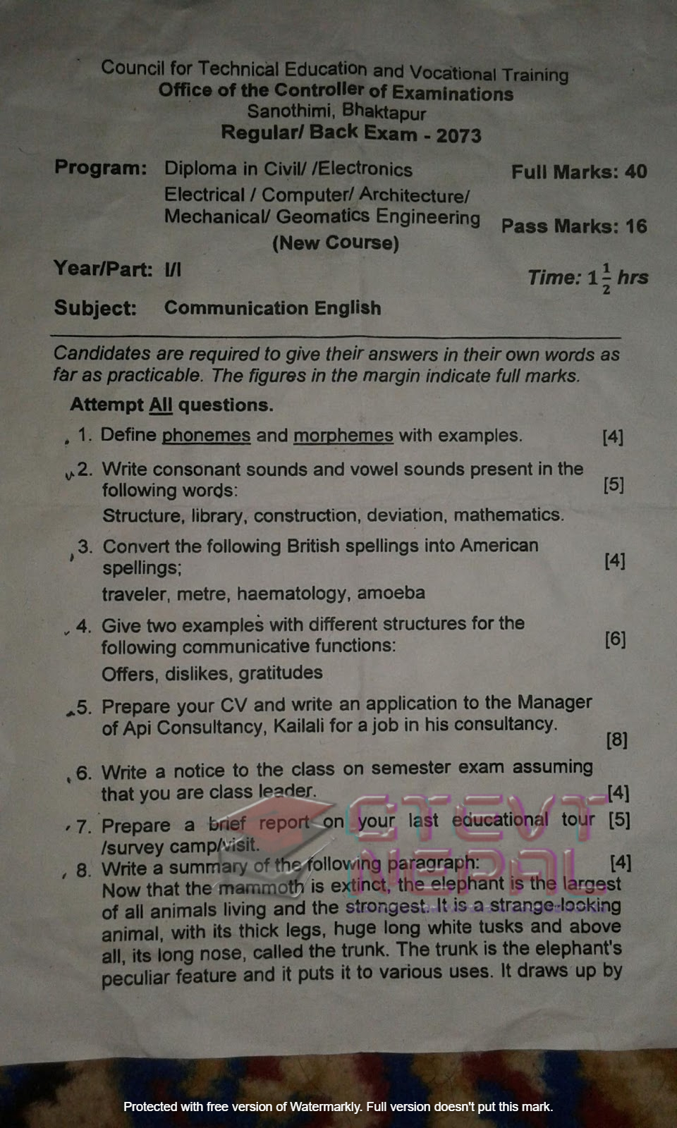 Communication English - 1st Semester Questions Papers CTEVT | Diploma ...