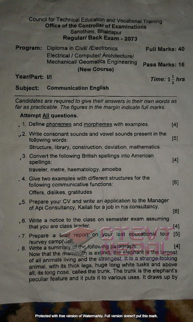 Communication English - 1st Semester Questions Papers CTEVT | Diploma ...