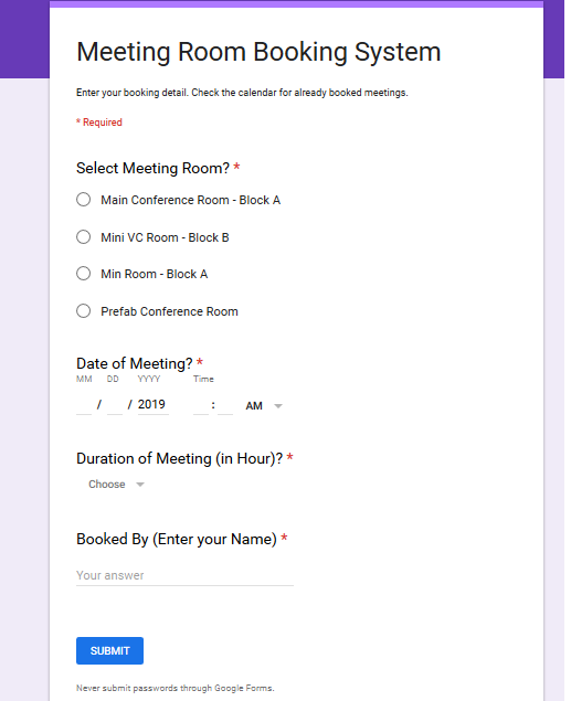 Create Online Meeting Room Booking System Using Google Forms & Google ...