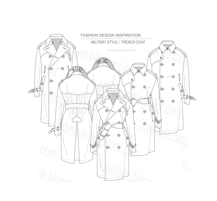 Regular trench coat vector flat sketches