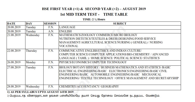 10,11,12th - August 2019 - 1st Mid-Term Test Time Table - Pallikalvi ...