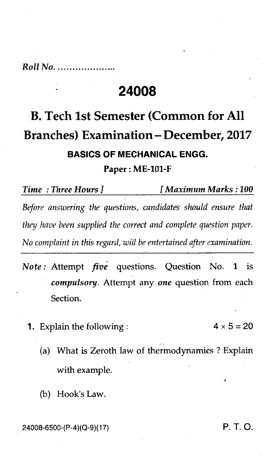 MDU B.Tech 1st Semester Basics of Mechanical Engg Dec 2017 Question Paper - University Question ...