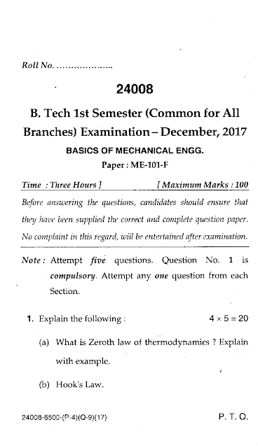 MDU B.Tech 1st Semester Basics of Mechanical Engg Dec 2017 Question Paper - University Question ...