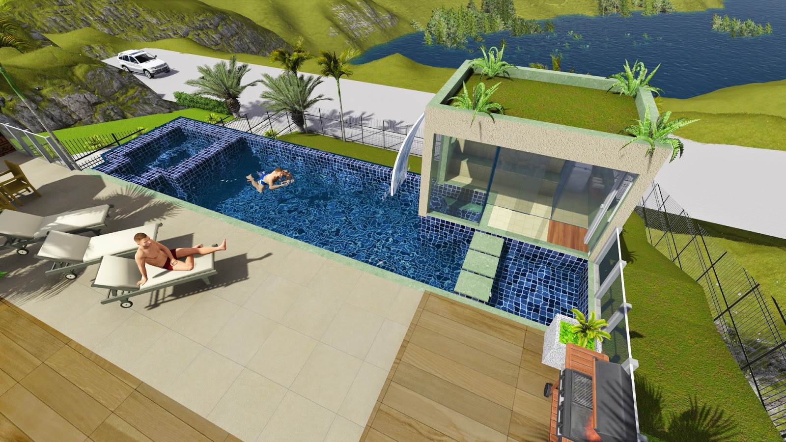 Projetos de Piscinas Raoni: Projeto de piscina em 3D renderizado.