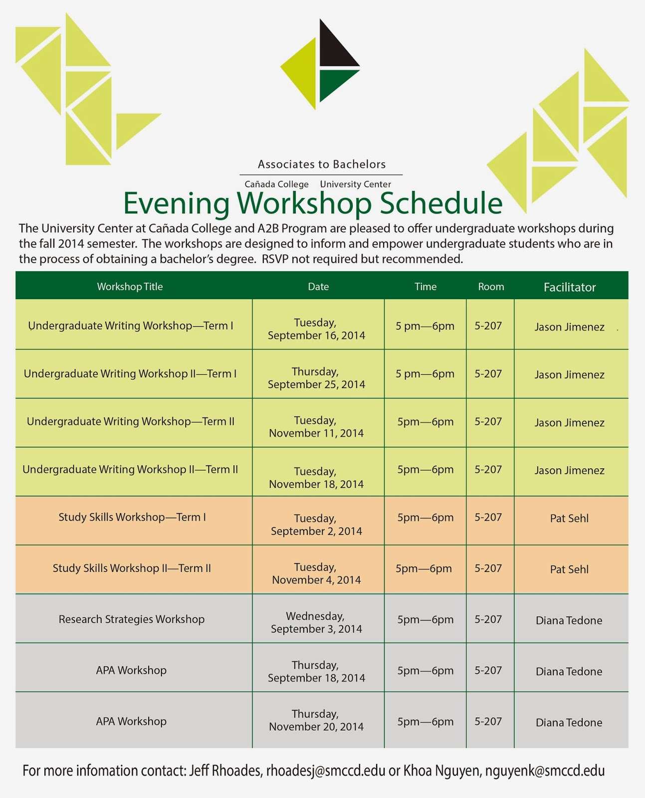 Cañada College News: A2B Evening Workshop Schedule
