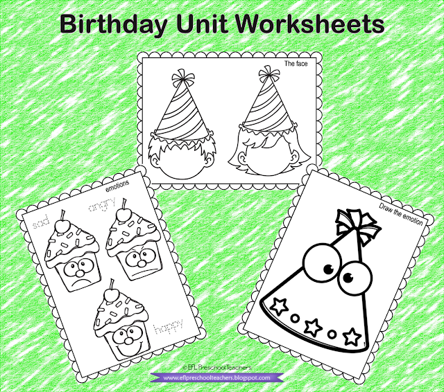 ESL/EFL Preschool Teachers: Birthday Unit Worksheets for Kindergarten ELL