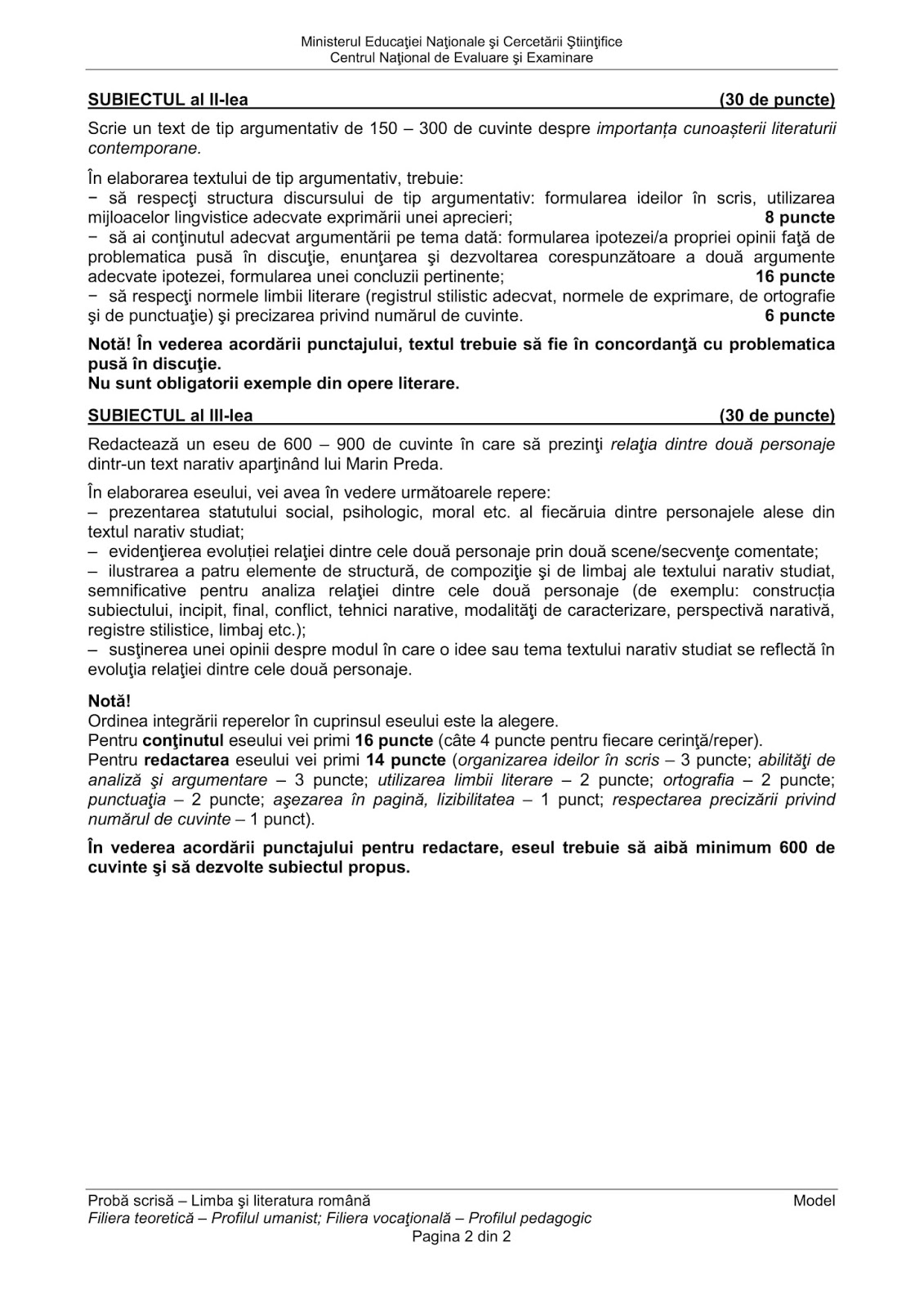 Model oficial examen Bacalaureat Limba română- Profil uman - Ajutorul ...