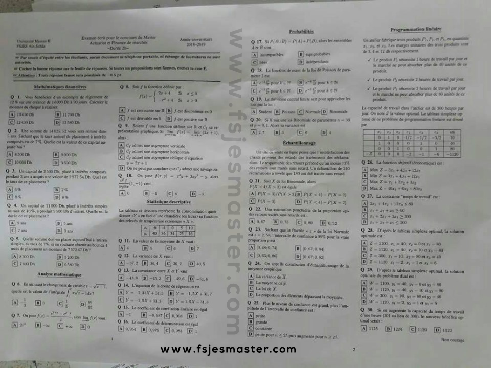 Exemple Concours Master Actuariat et Finance de marchés 2018-2019 ... Exemple Concours Master Actuariat et Finance de marchés 2018-2019 ...