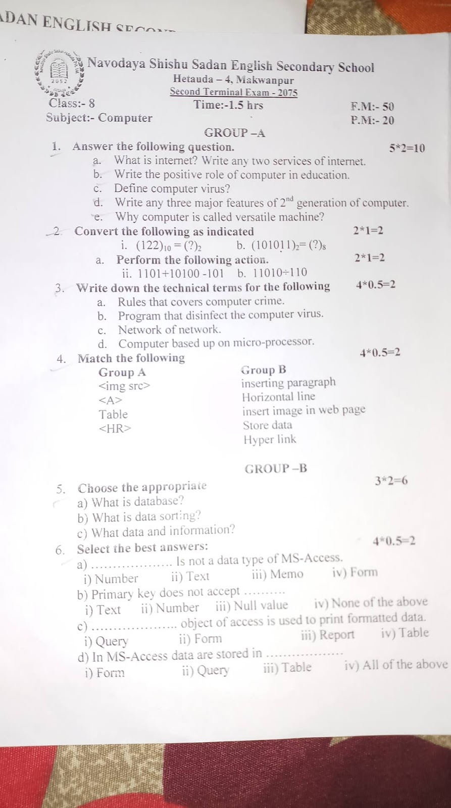 BLE 2078/2079 PRACTICE QUESTIONS OF ALL SUBJECTS