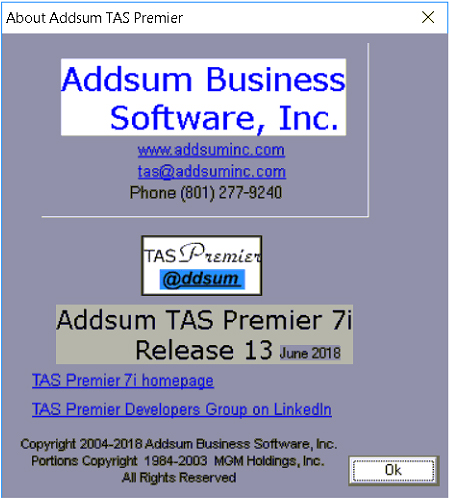 Addsum Business Software, Inc.: TAS Premier 7i release 13 available