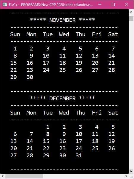 Print calendar for a given year in C and C++