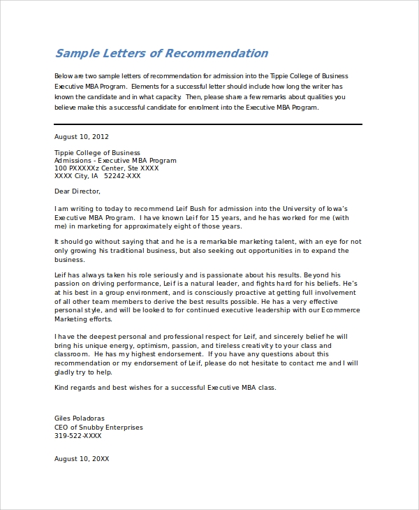 Sample Of Recommendation Letter For University Admission - Formal Letter
