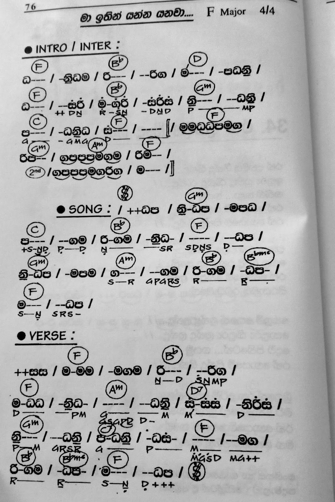 Ma Ithin Yanna Yanawa Sinhala Notation