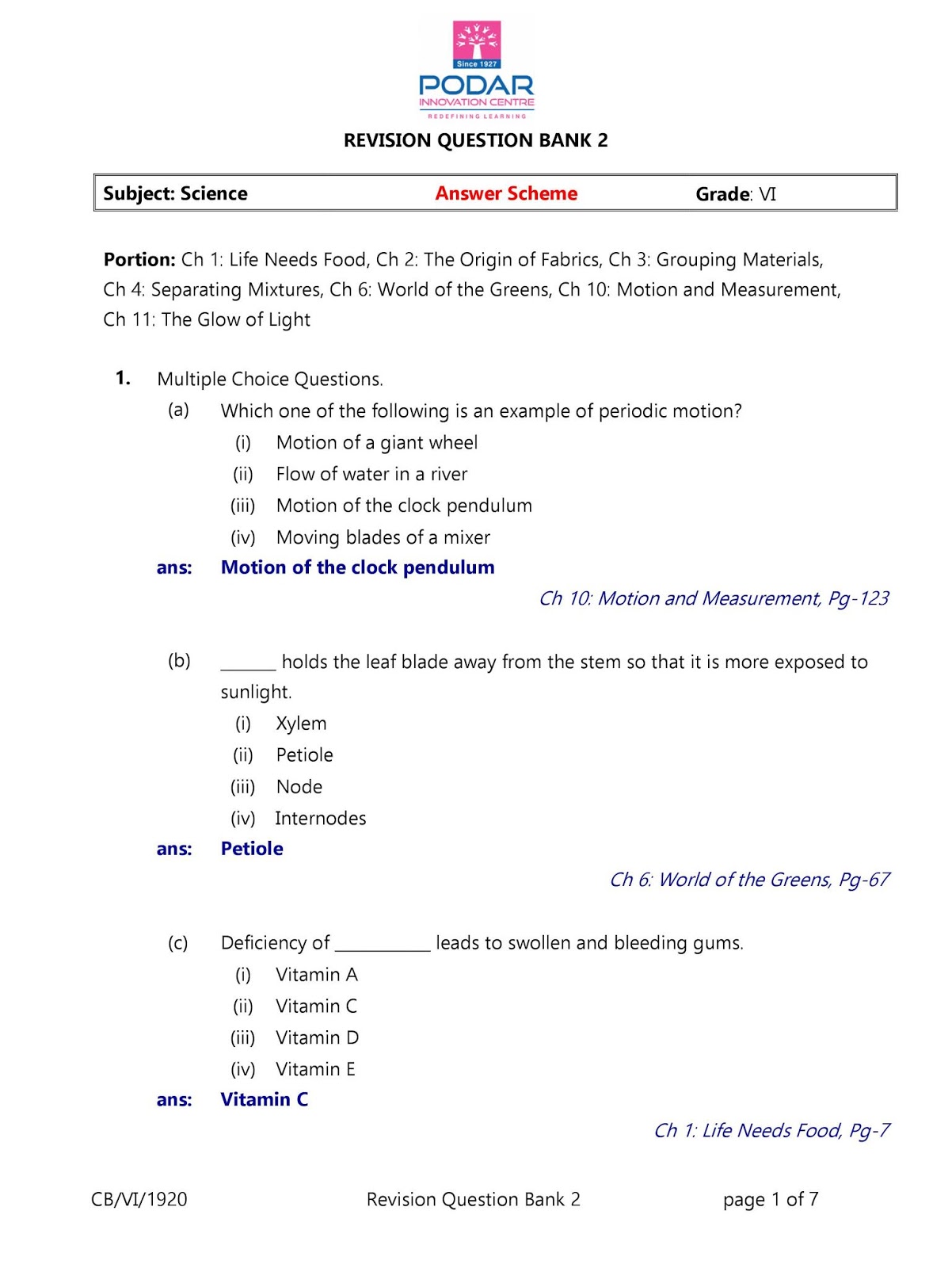 Science Revision Question bank 2 (Answer Scheme )
