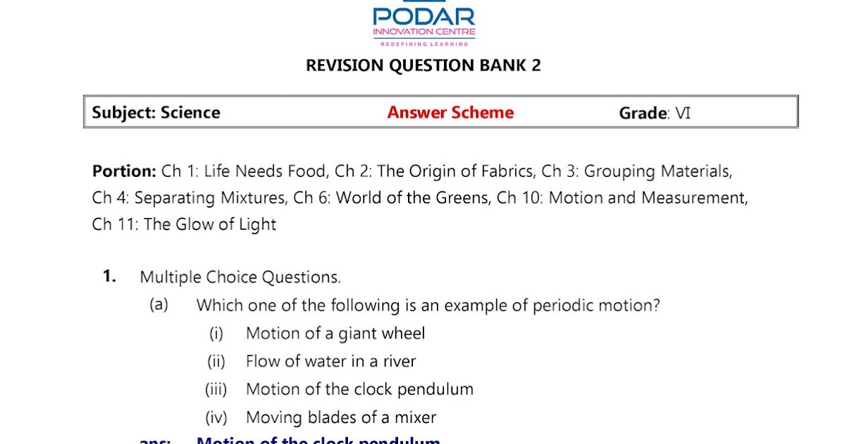 Science Revision Question bank 2 (Answer Scheme )