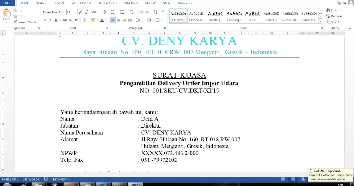 Contoh Surat Pengambil Delivery Order Impor Udara - Indonesia Undername ...