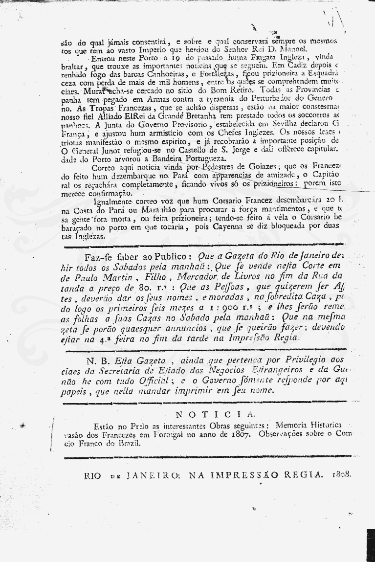 CINE HISTÓRIA: Gazeta, Rio de Janeiro, 1º de Setembro de 1808. Edição 001