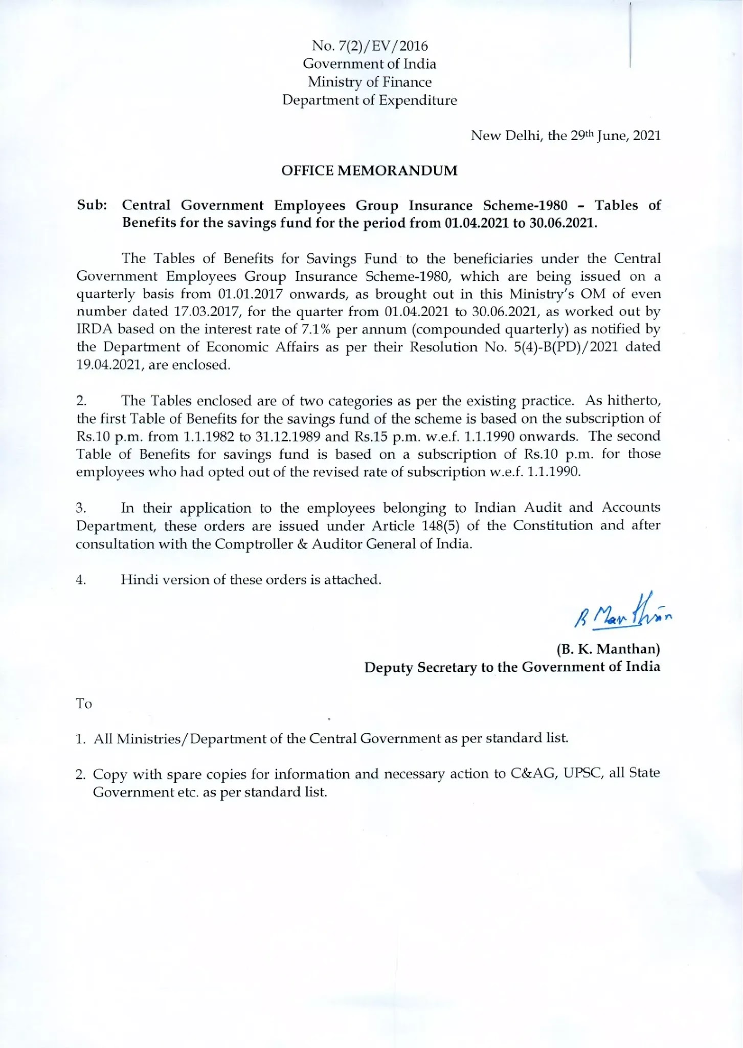 Central Government Employees Group Insurance Scheme 1980 Tables of ...