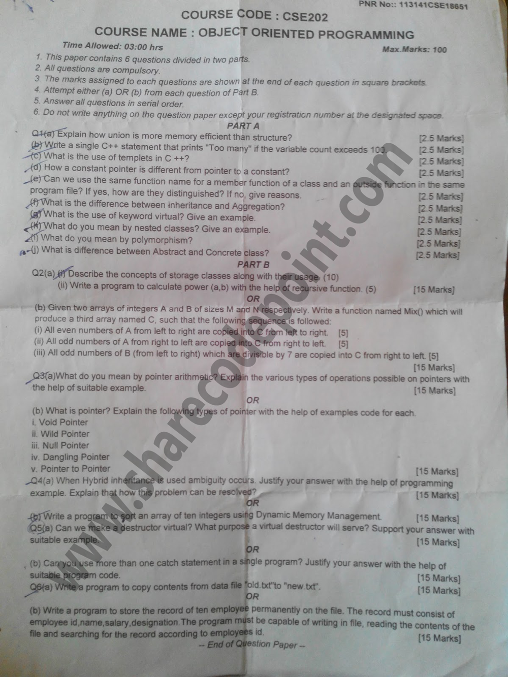 Cse202 Object Oriented Programming End Term Exam Question Paper