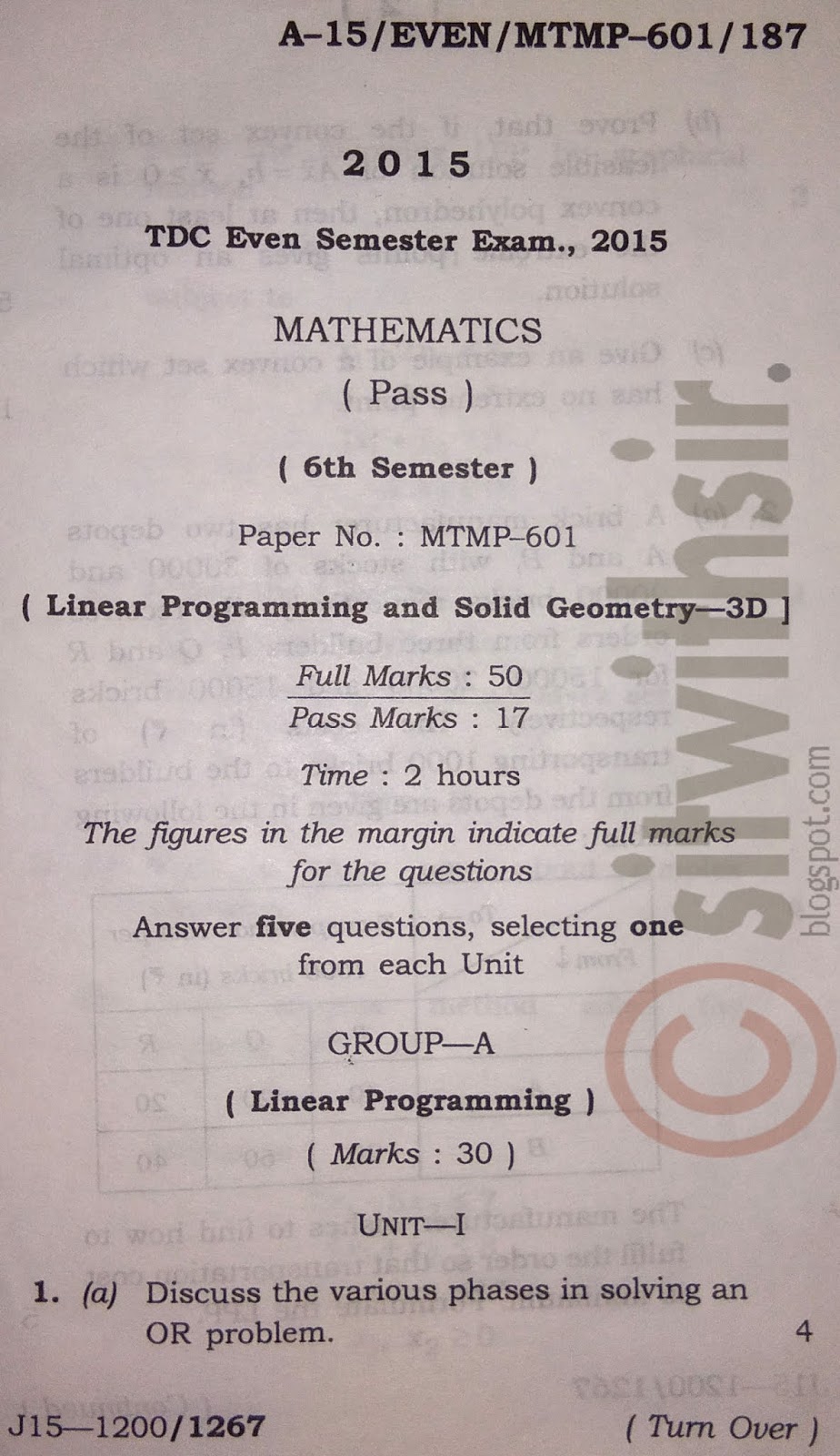 Mathematics (pass) 6th sem question paper 2015 Assam University ...