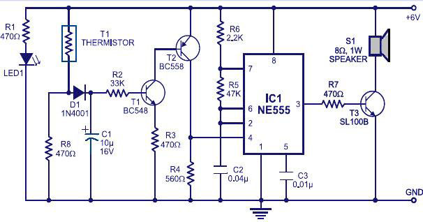 Fire alarm using thermistor & NE555 - The Circuit