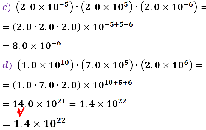 Ejercicios resueltos de productos, usando números en notación científica