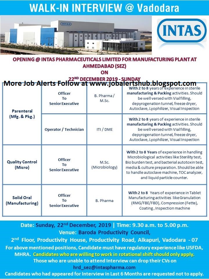 Intas Pharma - Walk-In Interviews for Manufacturing / Packing / QC on 22nd Dec' 2019 @ Vadodara ...