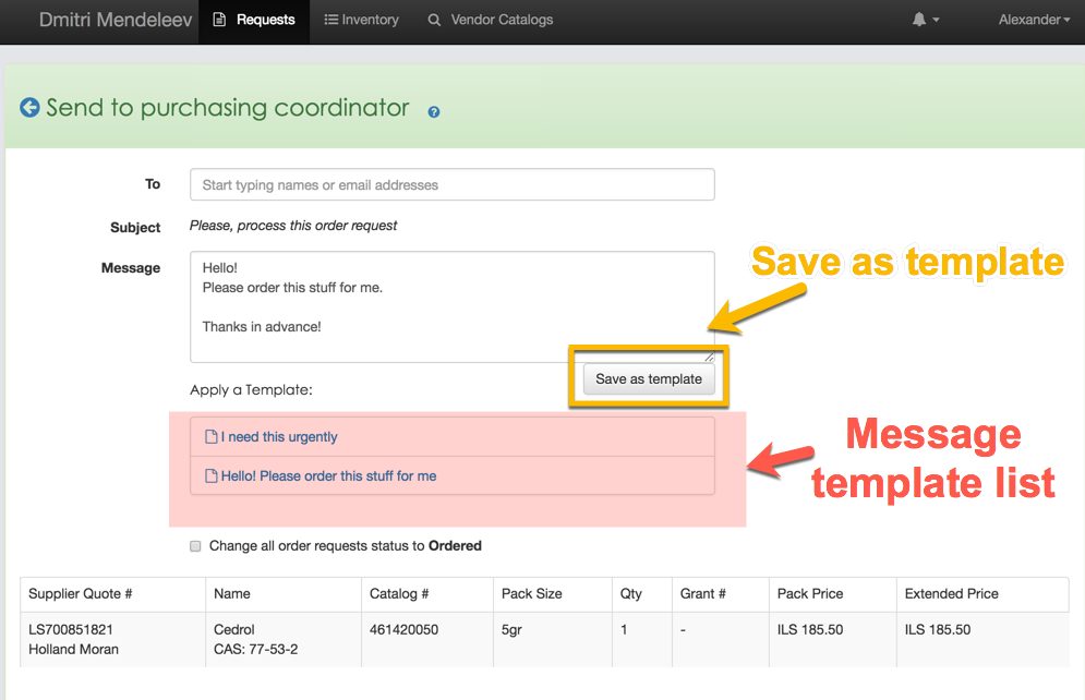 Use email message templates when you send orders to purchasing coordinators