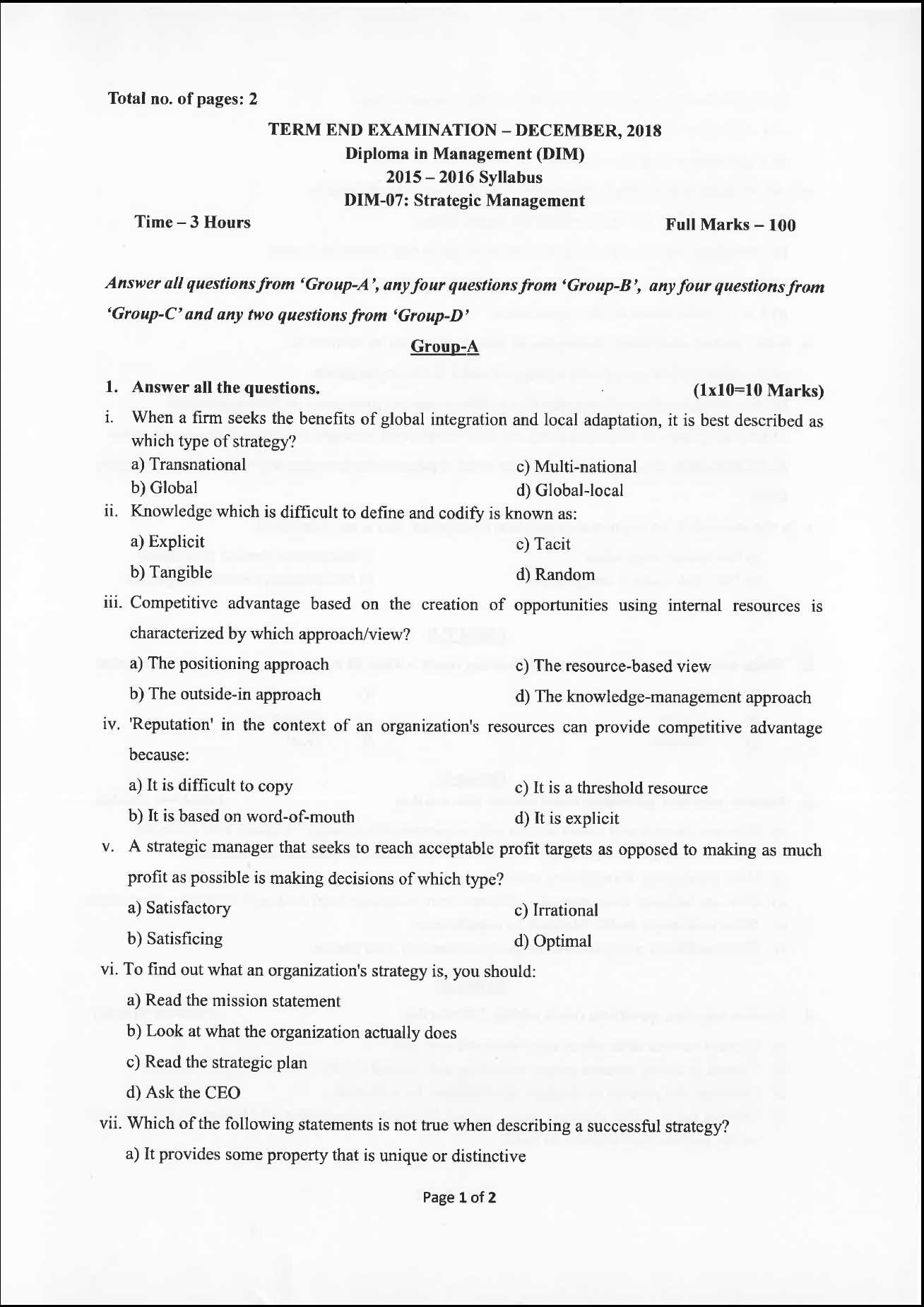 OSPU DIM Strategic Management dec 2018 Question Paper - University ...