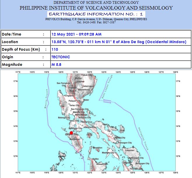 Magnitude 5.8 earthquake hits Occidental Mindoro; tremor felt in Metro ...