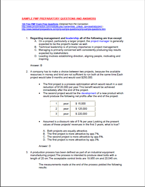 SAMPLE PMP PREPARATORY QUESTIONS AND ANSWERS