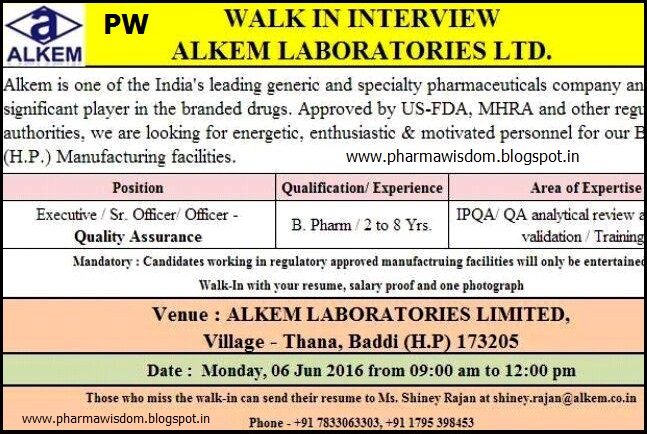 ALKEM LABORATORIES LTD. Walk-In Interview on 06th June, 2016 - PHARMA ...