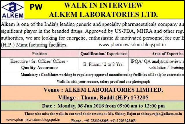 ALKEM LABORATORIES LTD. Walk-In Interview on 06th June, 2016 - PHARMA ...