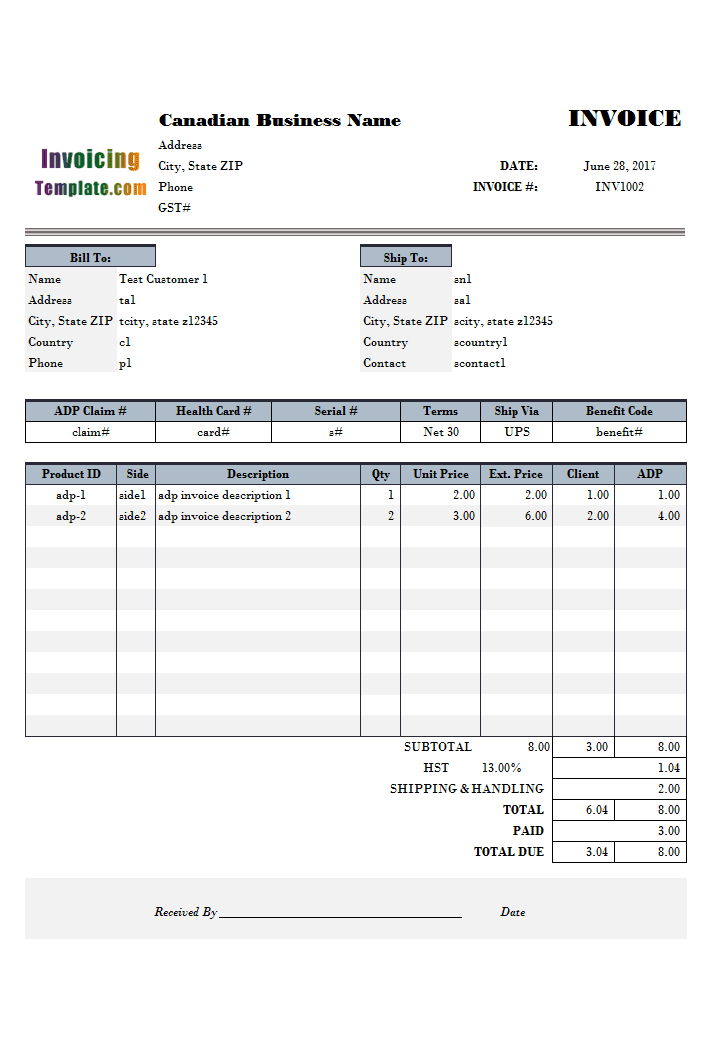 Invoice Template Canada - Invoice Template