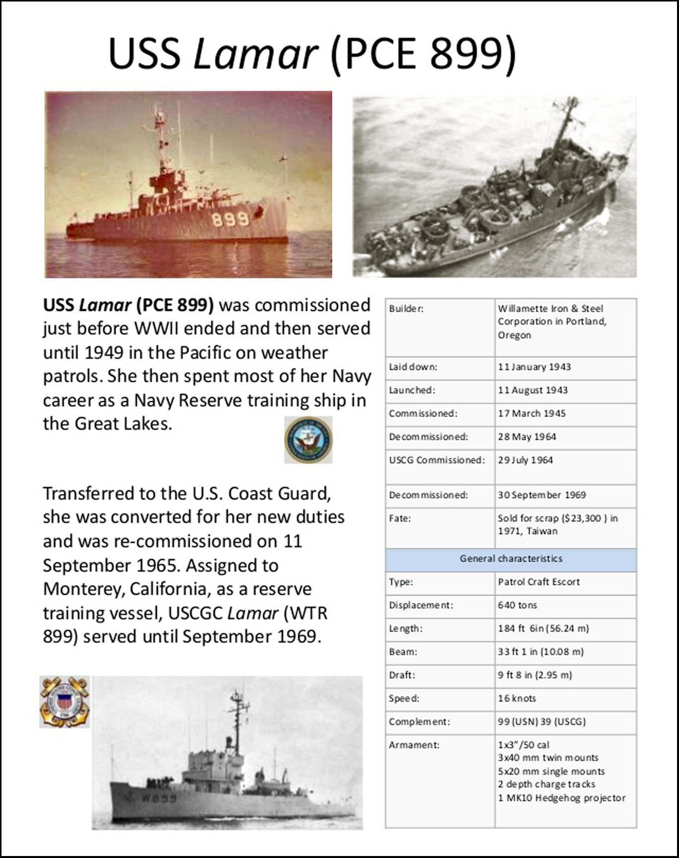 Buckles Blog: USS LAMAR PCE 899