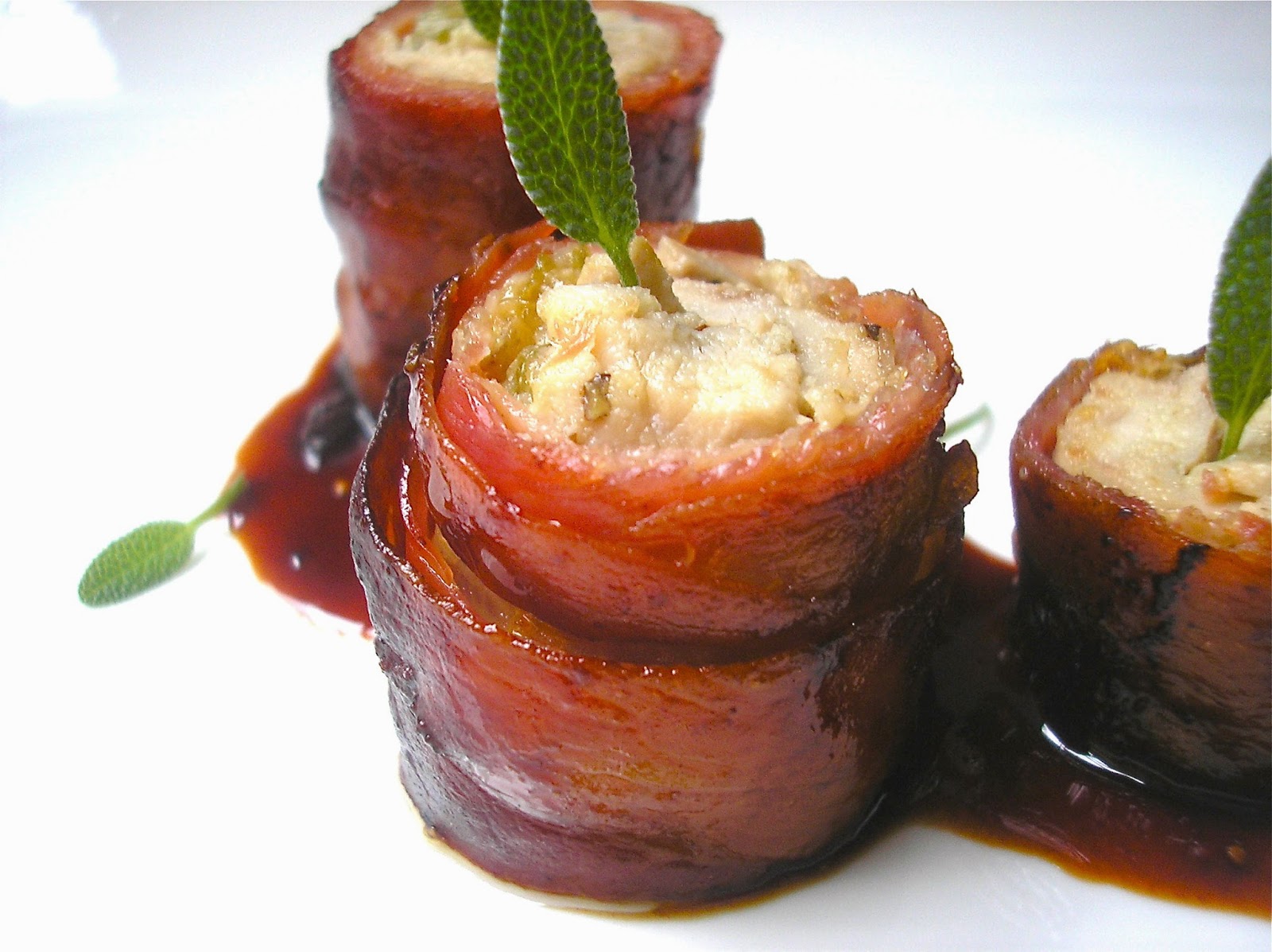 food play: ' QUAIL SALTIMBOCCA ROLLS with FIG SAUCE