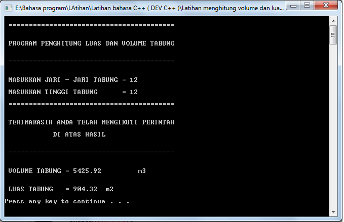 Tugas Program C++ penghitung luas dan volume tabung
