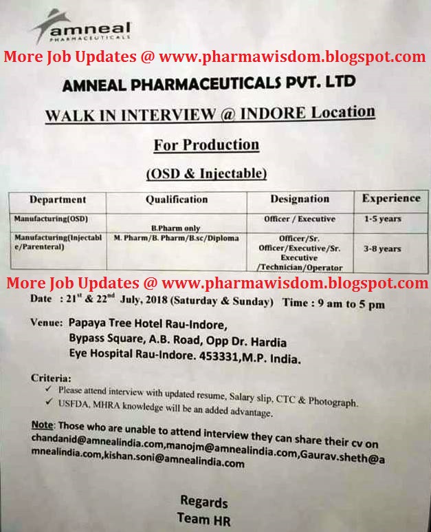 Amneal Pharmaceuticals Pvt. Ltd - Walk-In Interview @ Indore Location ... Amneal Pharmaceuticals Pvt. Ltd - Walk-In Interview @ Indore Location ...