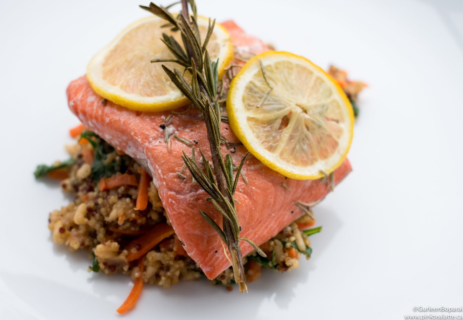 Pink Tea Latte: Fresh Prep Rosemary Salmon with Ancient Grain Risotto