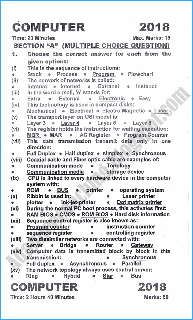 Adamjee Coaching 11th Computer Science Past Year Paper 2018