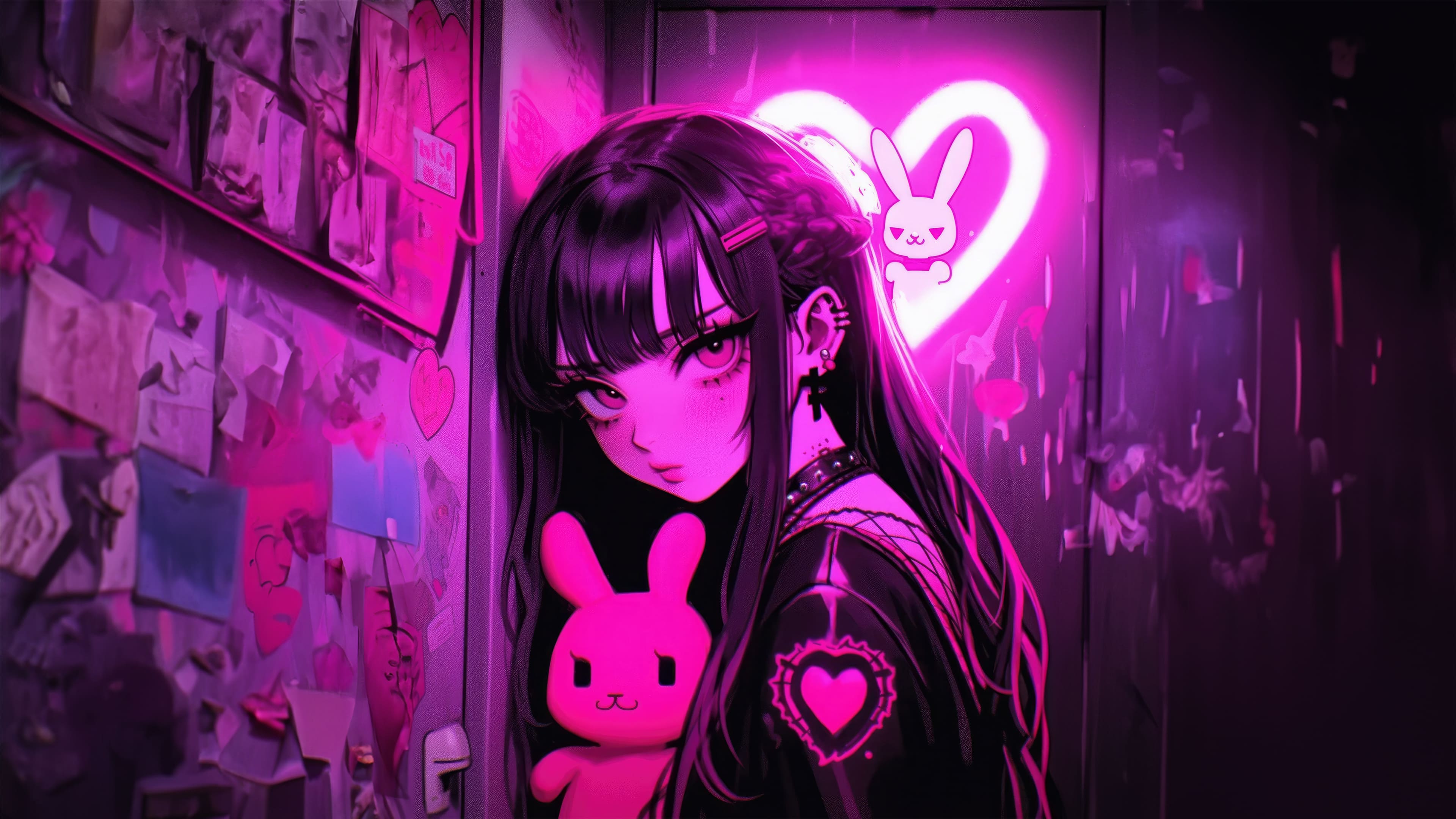 خلفية لابتوب و كمبيوتر بنفسجية بنت انمي حلوه شعر اسود بجودة 4k