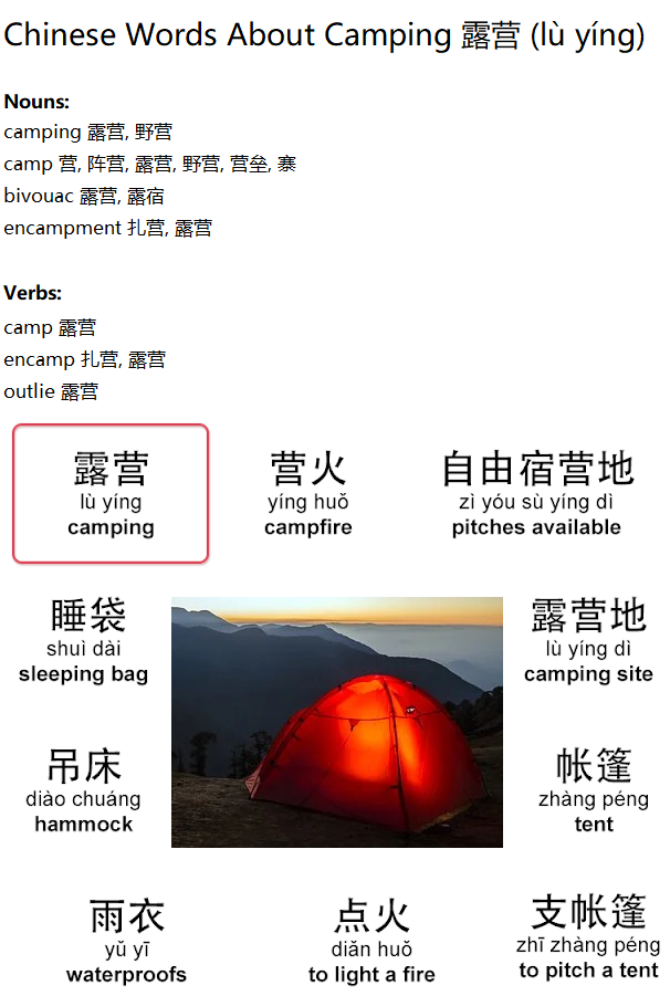 China Grammar: Chinese Words About Camping 露营 (lù yíng)