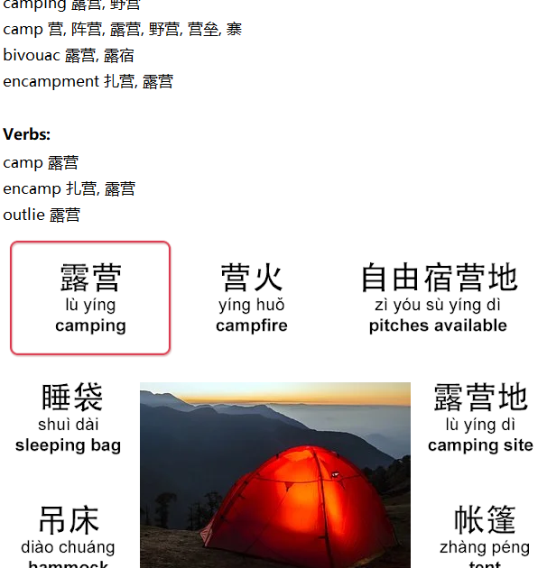 China Grammar: Chinese Words About Camping 露营 (lù yíng)