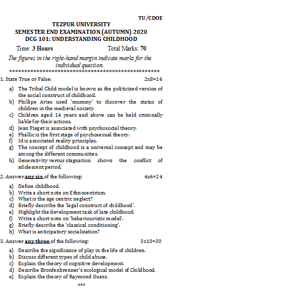 TEZPUR UNIVERSITY (TU/CDOE) AUTUMN SEMESTER END DCG 101: UNDERSTANDING ...