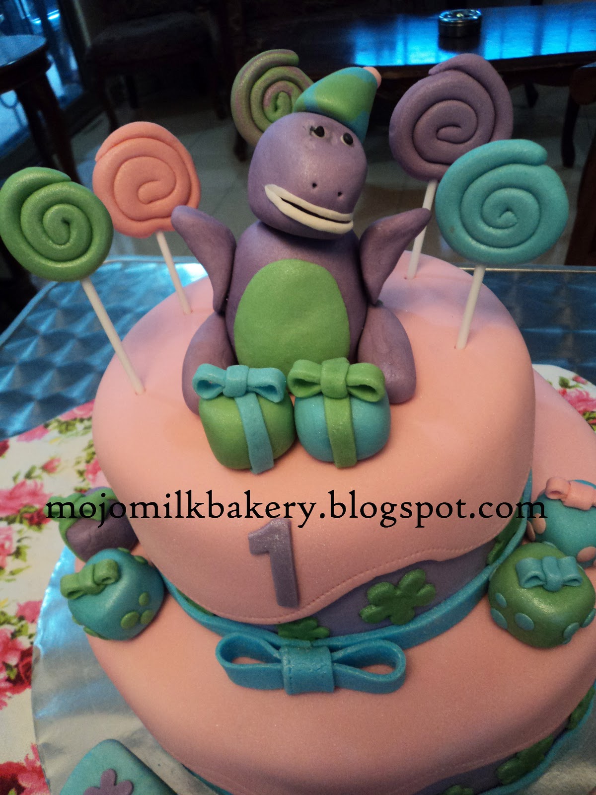 Mojo Milk Bakery: 2 tier Barney Birthday cake