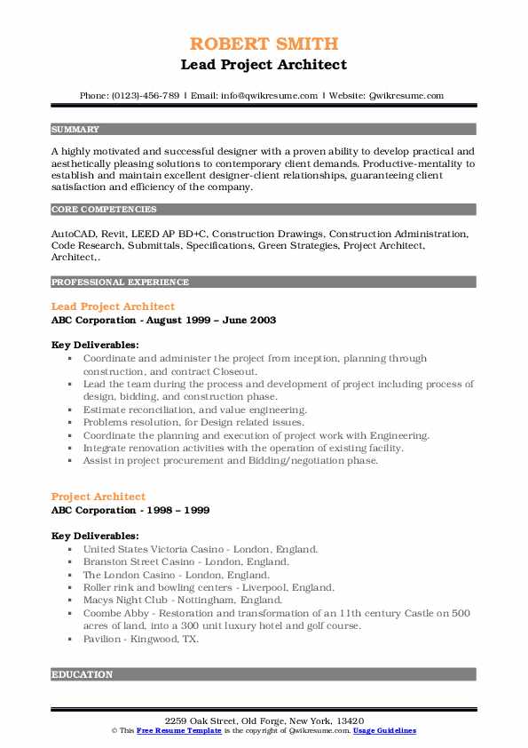Project Architect Resume ~ Resume Letter