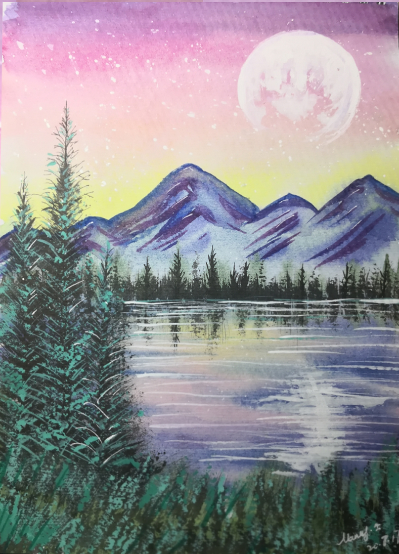 How to draw watercolor pink lake landscape step by step tutorial easy