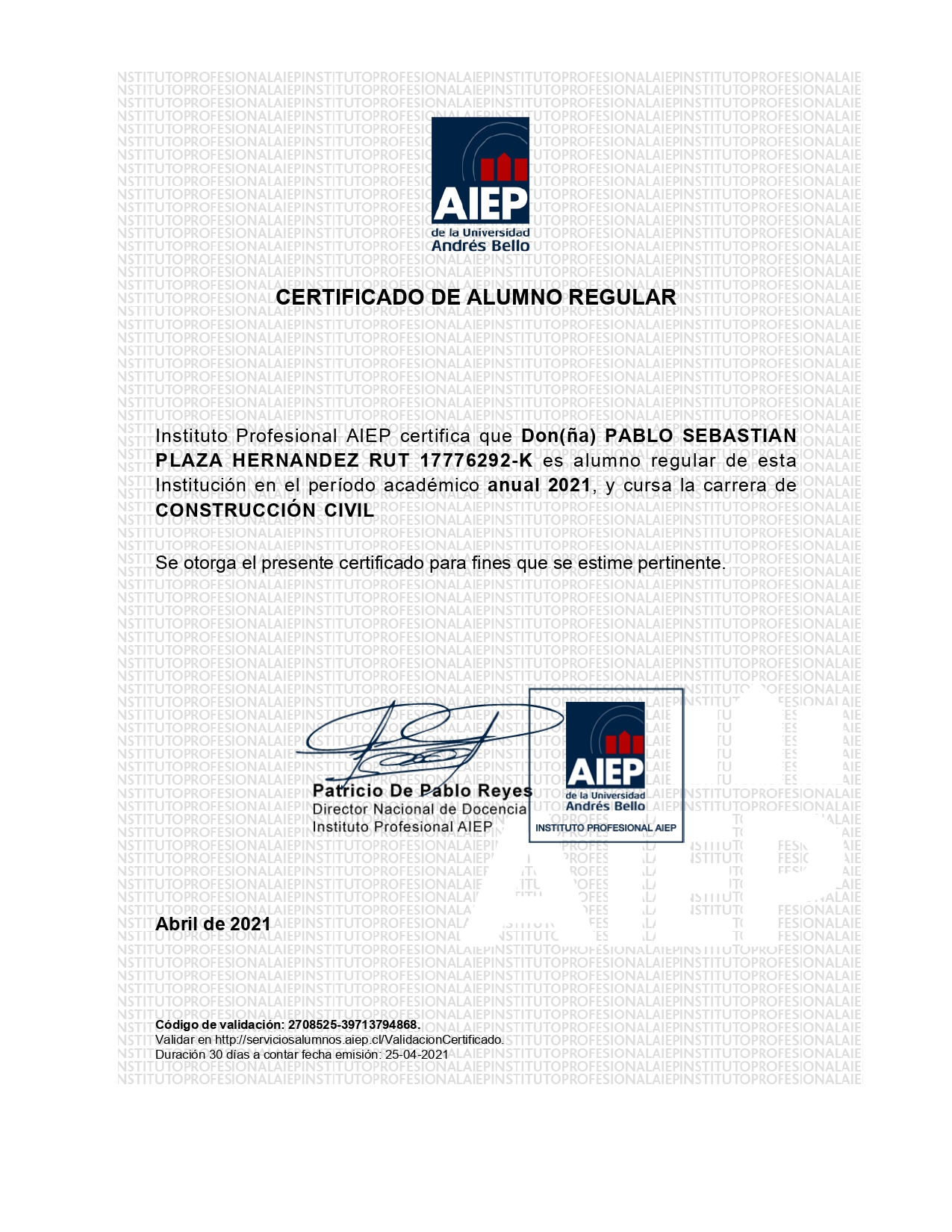 Exacto: Certificado de alumno regular: